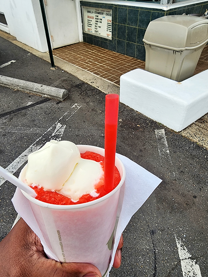 The cherry slush float&mdash;proof that sometimes the best relationships are opposites. Icy slush, creamy custard&mdash;a romance for the ages.