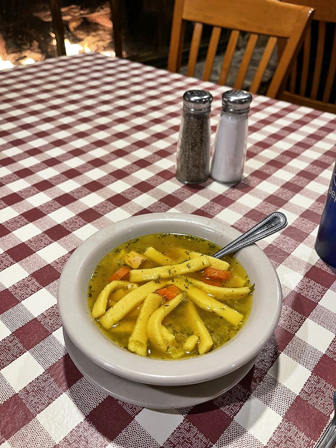 Homemade chicken noodle soup that could cure anything from a cold to a broken heart. Those thick, hand-cut noodles float like delicious life rafts.