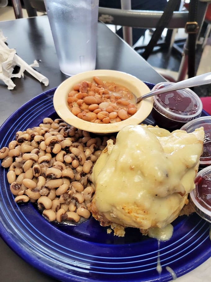 Black-eyed peas and cornbread dressing alongside chicken&mdash;this isn't just food, it's an edible history lesson in Southern culinary traditions.