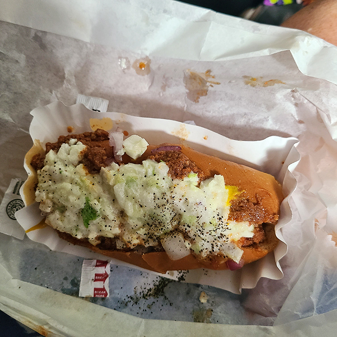 Not just any chili dog—this is the kind that demands you keep napkins in your glove compartment for future emergencies.