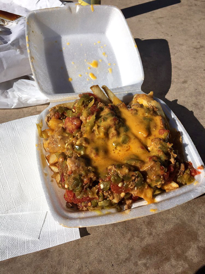What looks like culinary chaos is actually chile cheese fries perfection—a molten landscape where cheese and chile perform their delicious dance.