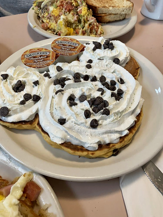 Pancakes wearing whipped cream hats and chocolate chip jewelry. This isn't just breakfast; it's a celebration on a plate that makes Monday feel like Saturday.