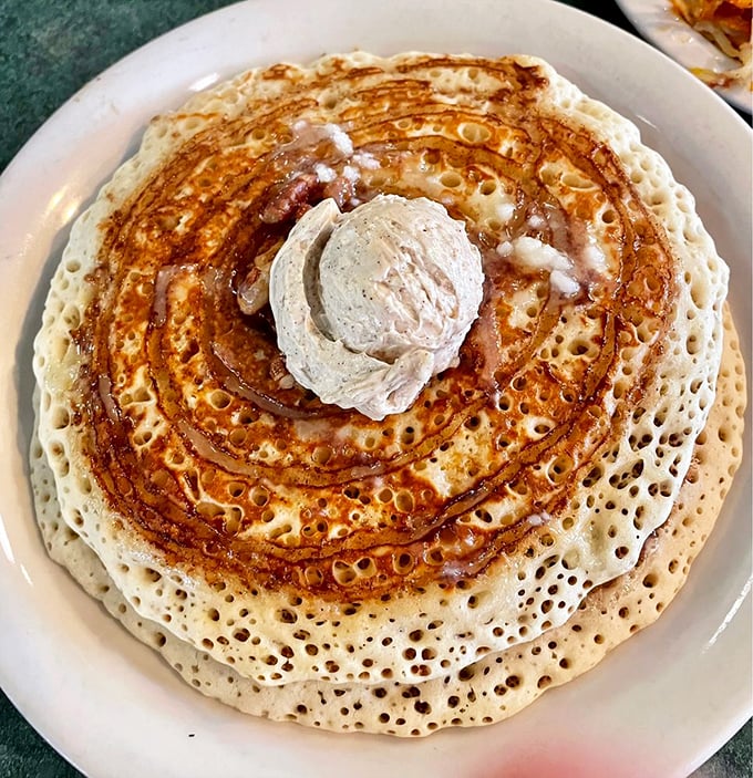 These cinnamon roll pancakes don't just speak to your soul&mdash;they sing a full Broadway musical. That butter crown melts like a spotlight on the main attraction.