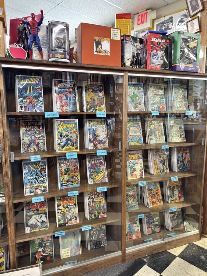 Comic book heaven! Decades of caped crusaders and cosmic conflicts preserved behind glass, where childhood memories meet collector's dreams.