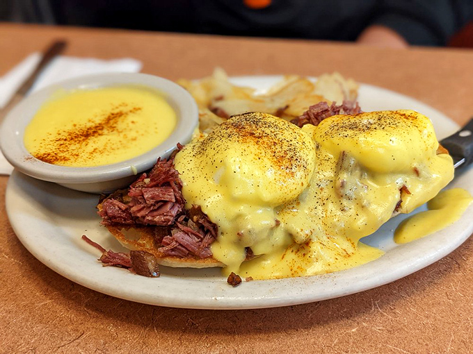 Eggs Benedict gets the Idaho treatment with tender corned beef. That hollandaise sauce? I'd happily swim in it.
