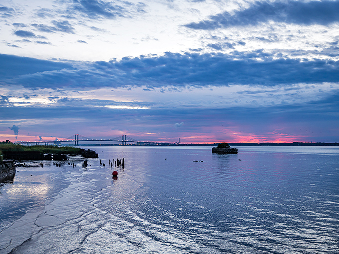 Sunset paints the Delaware River in colors that would make Bob Ross reach for his palette. The bridge silhouette completes this real-life masterpiece.