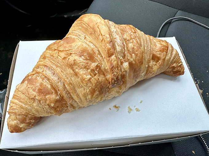 Behold, the humble croissant in its natural habitat&mdash;a cardboard box throne. Even in takeout form, this perfect specimen maintains its regal bearing.