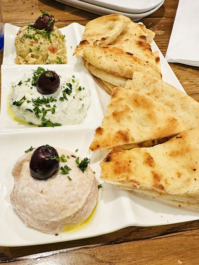 A trio of dips that tells stories of the Mediterranean &ndash; each one a creamy ambassador of Greek flavor, with warm pita standing by for the journey.