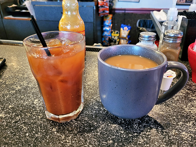 Morning decisions at Nadine's: robust coffee in a sturdy mug or a tall glass of iced tea? Either way, you're fueling up for Pittsburgh adventures. 