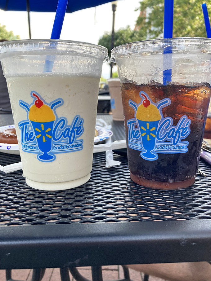 Two cups, endless possibilities. One milkshake, one soda—the yin and yang of fountain refreshments basking in the Arkansas sunshine.