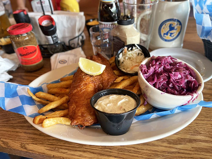 Beer-battered fish that's audibly crispy, fries that don't play second fiddle, and coleslaw that's wearing its Sunday best&mdash;seafood, German-style.