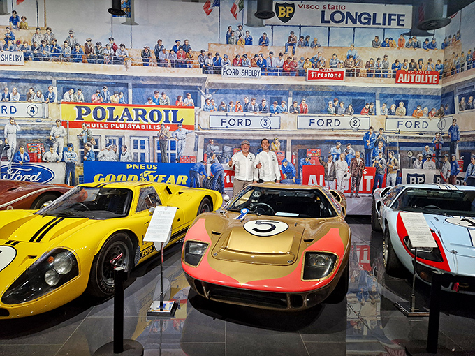 Ford's Le Mans-winning GT40s, displayed against a racing mural backdrop &ndash; like seeing the Beatles reunited on stage with their greatest hits.