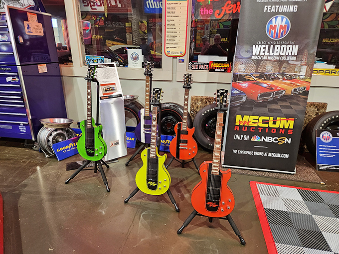 Even the guitars here rock with automotive spirit, because apparently everything in this place needs to go fast.