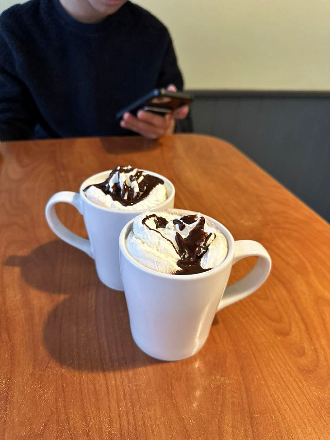 Hot chocolate that's dressed for success with whipped cream and chocolate drizzle—like your childhood favorite got a sophisticated makeover.