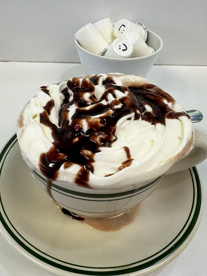 Hot chocolate that puts Swiss chocolatiers on notice. That mountain of whipped cream isn't showing off - it's necessary engineering for maximum cocoa bliss.