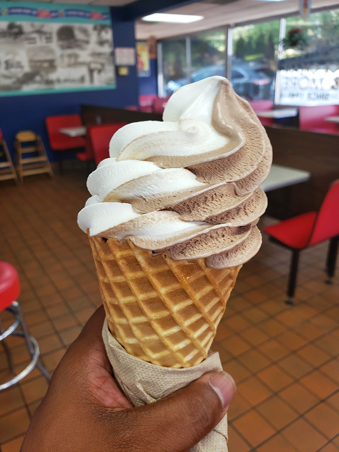 The chocolate-vanilla swirl cone represents ice cream in its most perfect form. This spiral of happiness proves Zesto remembers its soft-serve roots.
