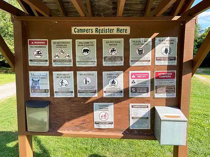 The park's information board&mdash;nature's version of terms and conditions. Bear country notice is the one you'll actually want to read.
