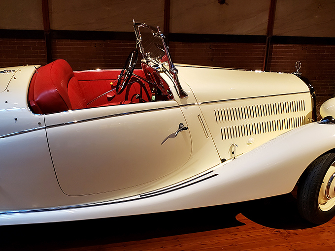 Crisp white paint and luscious red upholstery make this Mercedes roadster the automotive equivalent of a perfectly plated dessert&mdash;simply irresistible.