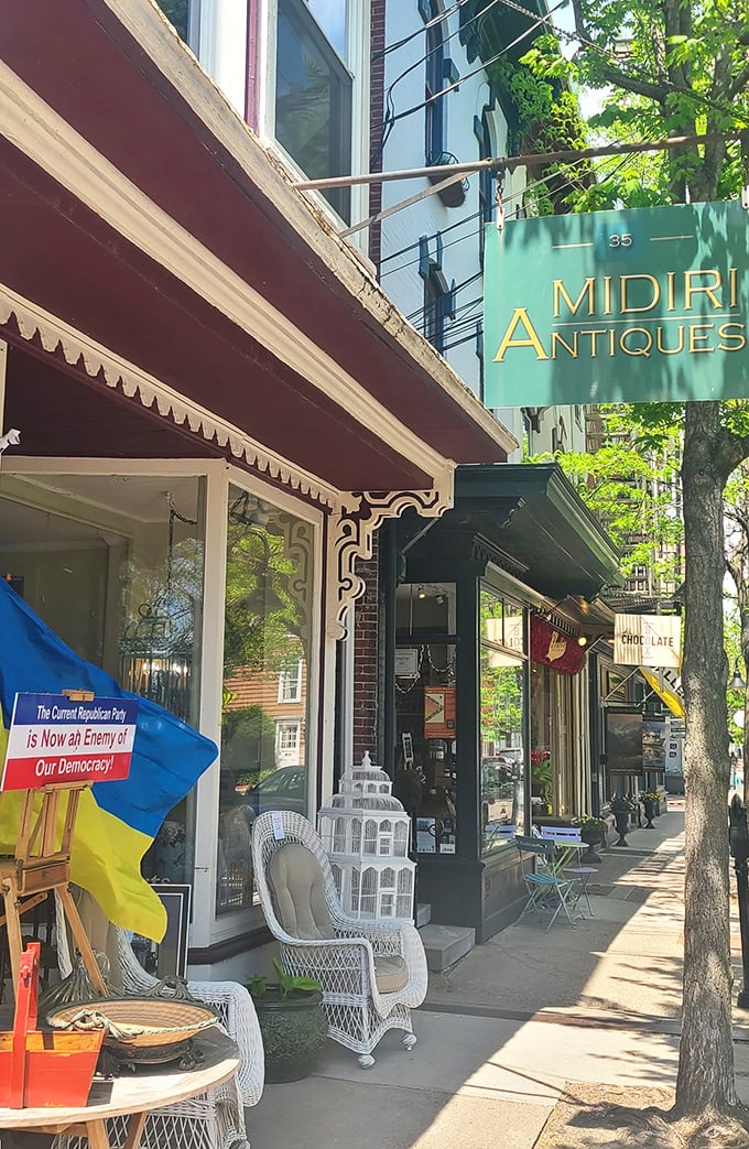 Midiri Antiques' classic awning and wicker chair invite you to slow down&mdash;because the best finds reveal themselves to the unhurried shopper.