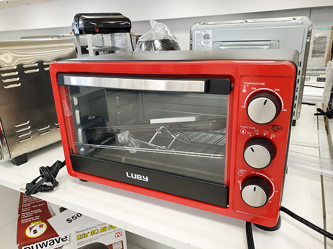 This cherry-red Luby toaster oven isn't just kitchen equipment—it's a pop of personality waiting to brighten someone's countertop and morning routine.