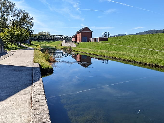 The C&O Canal's peaceful waters reflect blue skies and green banks—nature's own retirement plan that doesn't require a financial advisor.