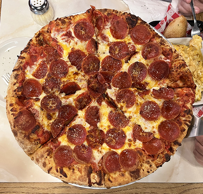 Pepperoni pizza perfection that would make even New Yorkers nod in reluctant approval. The crispy-edged pepperoni cups holding tiny pools of savory goodness. 