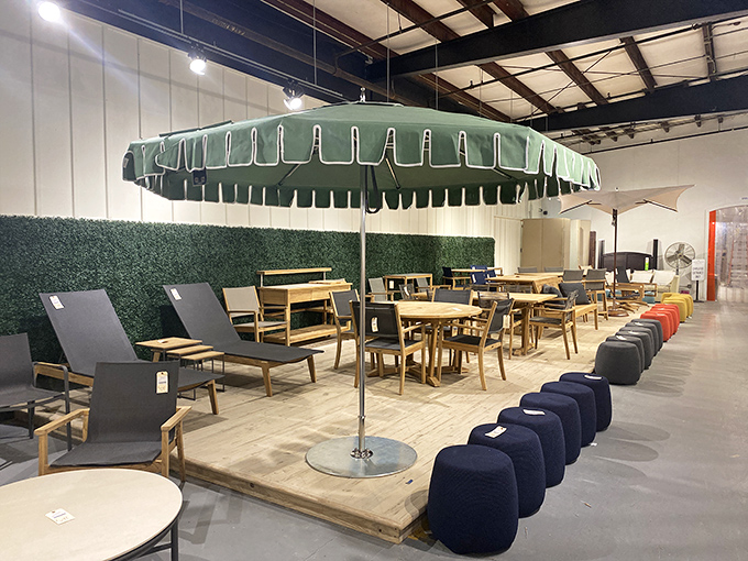 Outdoor living reaches resort-level luxury with weather-resistant pieces arranged in displays that make your backyard suddenly seem woefully underdressed.