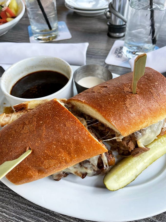 The French dip's sophisticated cousin&mdash;prime rib nestled between artisan bread with melty cheese and a splash of jus for dipping adventures.