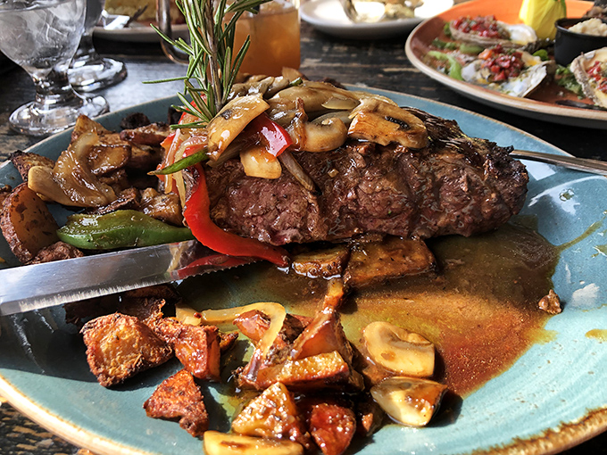 Land meets sea in delicious harmony. This prime rib with sautéed mushrooms proves Captain James isn't just about what swims in the Chesapeake.