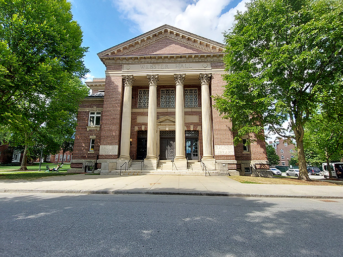 Classical columns frame the Rauner Library entrance, housing treasures far more valuable than your college textbook collection. Knowledge with architectural swagger.