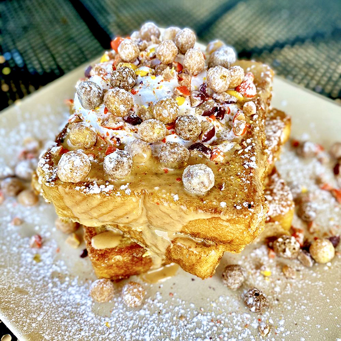 Cereal-topped French toast that transforms your favorite childhood breakfast into an adult indulgence – growing up has its privileges.
