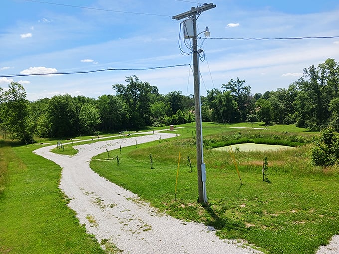 Rural Missouri shows its pastoral side with this winding gravel path, where the countryside opens up beyond Perry's charming downtown.