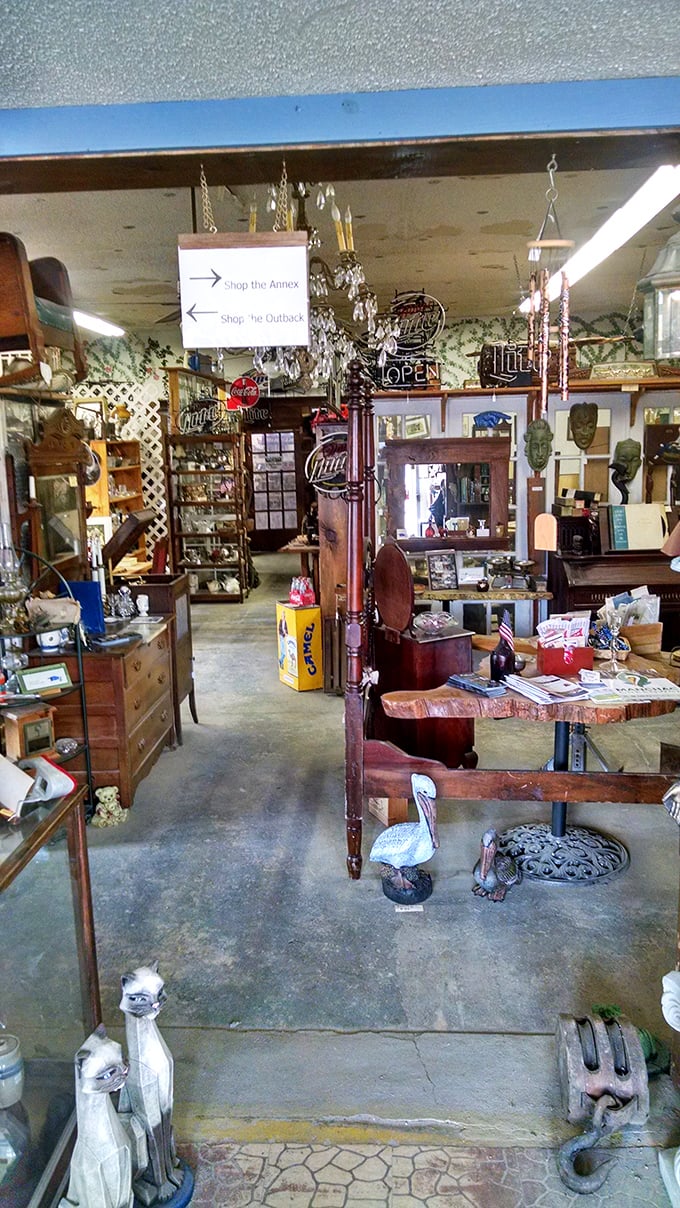 Inside this antique emporium, every corner reveals a new surprise—from vintage furniture to that pelican statue that's somehow both tacky and irresistible.