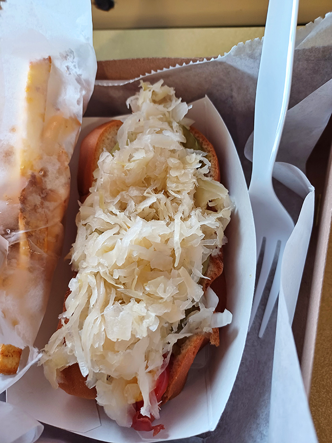 The kraut dog comes loaded with enough sauerkraut to make your German ancestors weep with joy. Tangy, crunchy perfection in every bite.