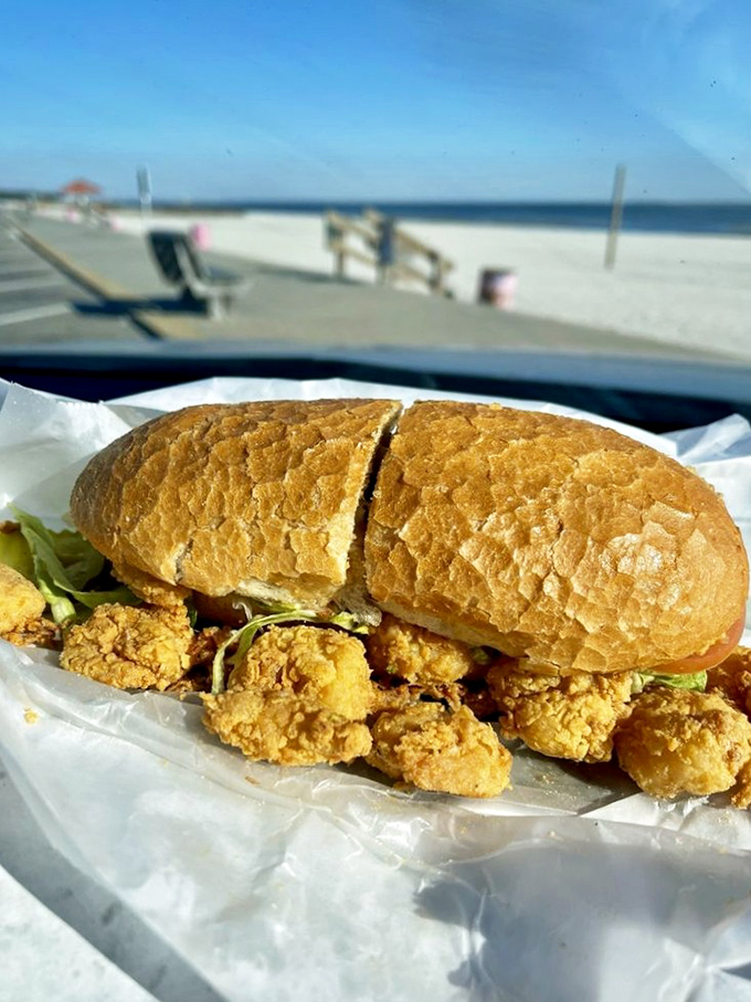 Beach-side bliss: a perfectly fried shrimp po'boy that makes you wonder why you'd ever waste calories on fancy food when this exists.