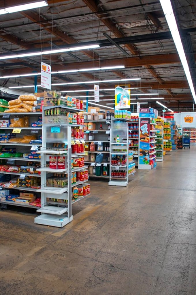 Grocery aisles stretching toward bargain infinity. The concrete floors and fluorescent lighting say "warehouse," but the prices whisper "jackpot."