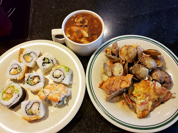 East meets Midwest on a single plate &ndash; delicate sushi rolls sharing real estate with perfectly steamed clams in a culinary peace treaty.