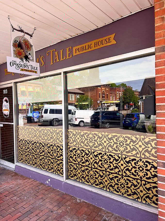 The Opossum's Tale Public House reflects Jonesborough's quirky charm - where else would you find whimsical animal signage and elegant gold patterns coexisting so beautifully?