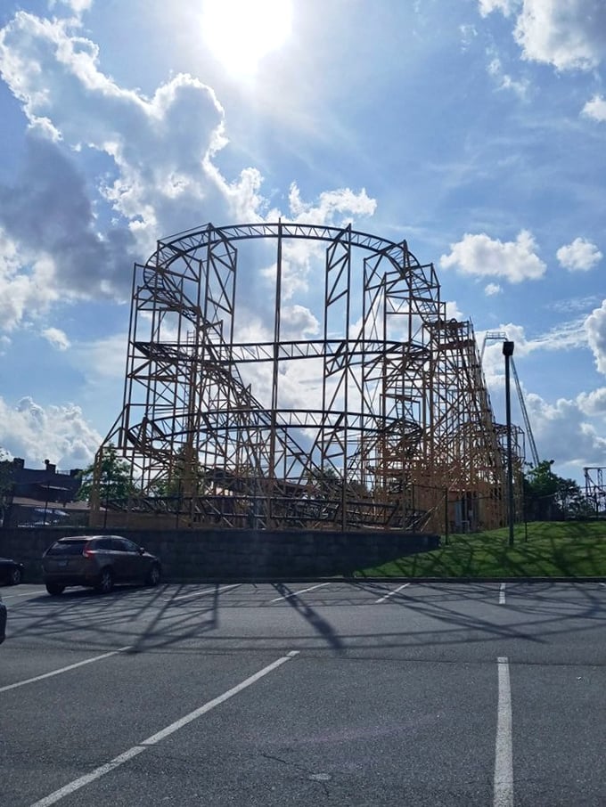The Wildcat roller coaster's steel skeleton reaches toward Maryland skies, promising just enough thrill without requiring a change of clothes afterward.