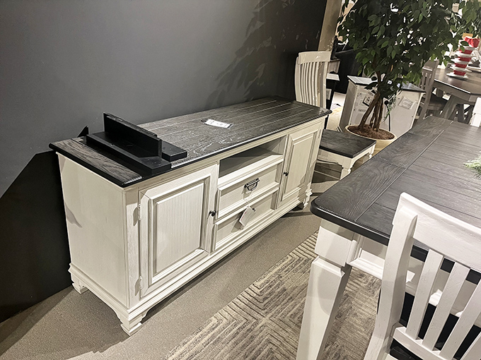 Farmhouse meets modern in this two-tone media console that says, "Yes, I can hold your 75-inch TV and still look charming."