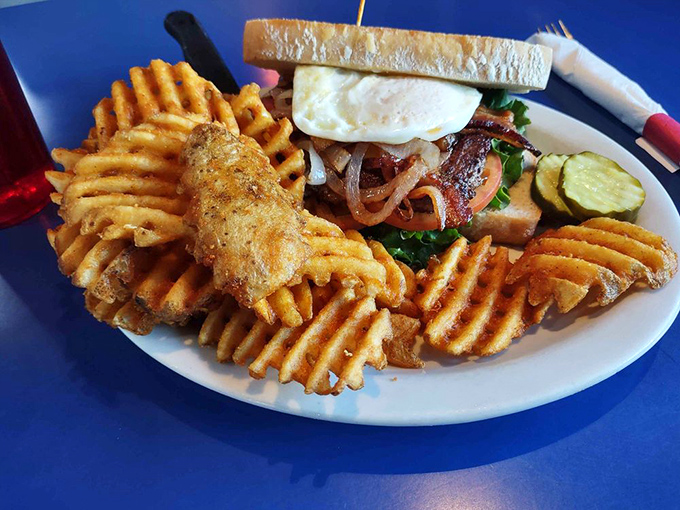 The sandwich that makes lunch jealous of breakfast's popularity. Those waffle fries deserve their own fan club.