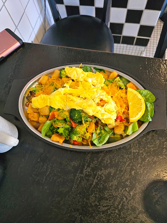 Garden-fresh veggies dance with eggs in this colorful skillet &ndash; proof that healthy choices at diners have evolved well beyond the sad side salad.