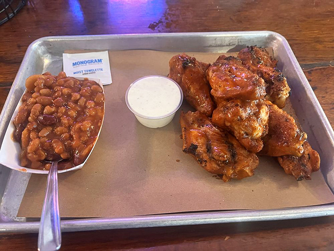 These wings aren't just good, they're "call-your-mother-and-apologize-for-ever-complaining-about-her-cooking" good. The beans aren't slouching either.