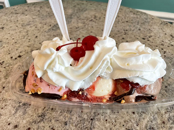This banana split isn't just dessert, it's architecture&mdash;a foundation of fruit supporting multiple neighborhoods of flavor, all under a blanket of cloud-like cream.