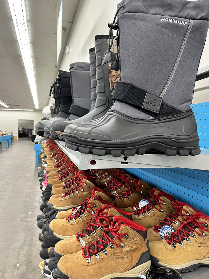 Winter-ready boots stand at attention next to hiking footwear, like an army of outdoor adventure possibilities waiting to march into your closet.
