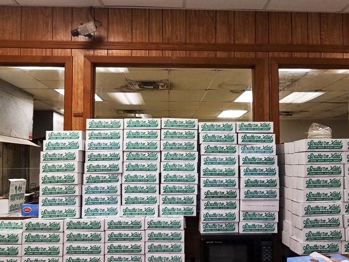 The wall of Southern Maid boxes speaks volumes: someone's office is about to become very popular this morning.