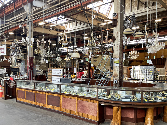 A jewelry counter that would make Liberace feel underdressed, crowned by enough chandeliers to illuminate a small European principality.