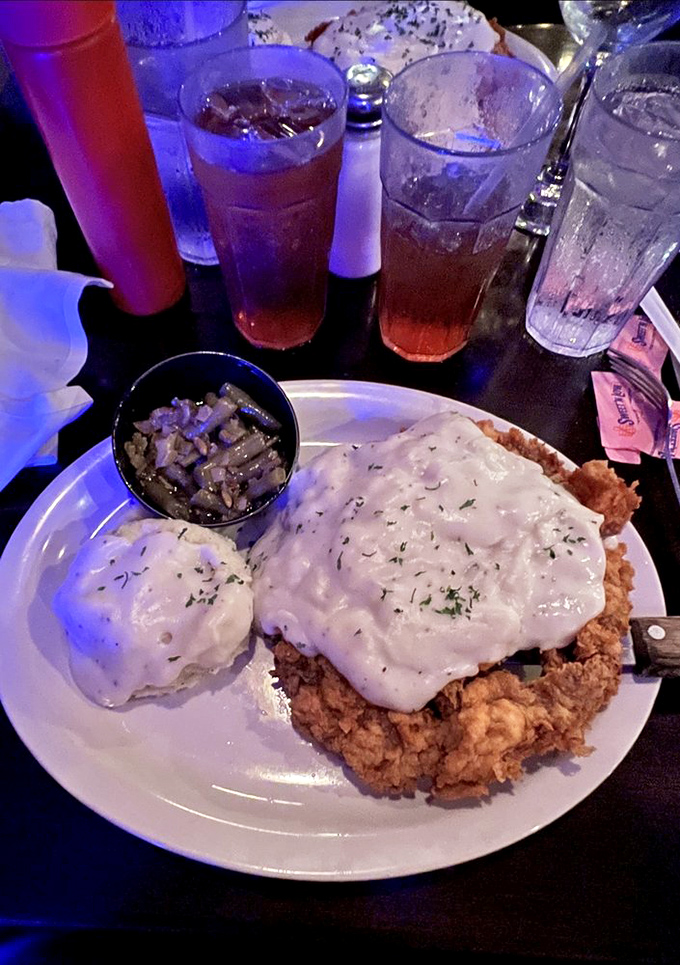 Chicken fried steak smothered in creamy gravy that your grandmother would approve of. Comfort food that makes you want to hug the chef.
