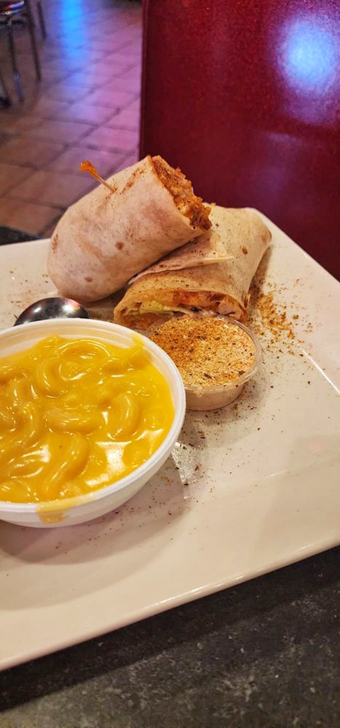 This wrap isn't just a meal—it's an edible spacecraft with mac and cheese as its nuclear core. Houston, we have no problems here.