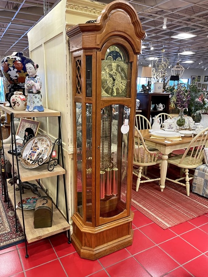 This grandfather clock doesn't just tell time &ndash; it tells stories. Standing tall among Asian-inspired d&eacute;cor, it's the distinguished gentleman of the showroom.